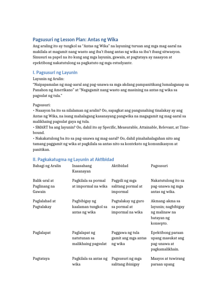 Pagsusuri NG Lesson Plan Antas NG Wika | PDF