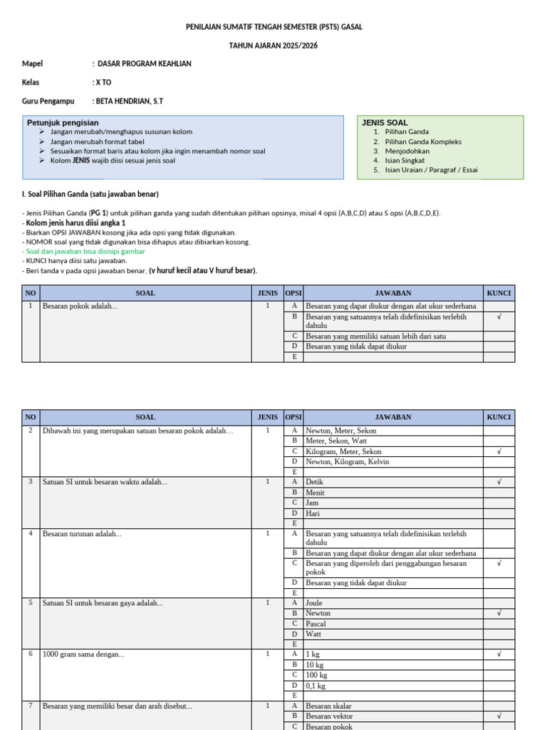 Soal PSTS Dasar Program Keahlian Kelas X | PDF