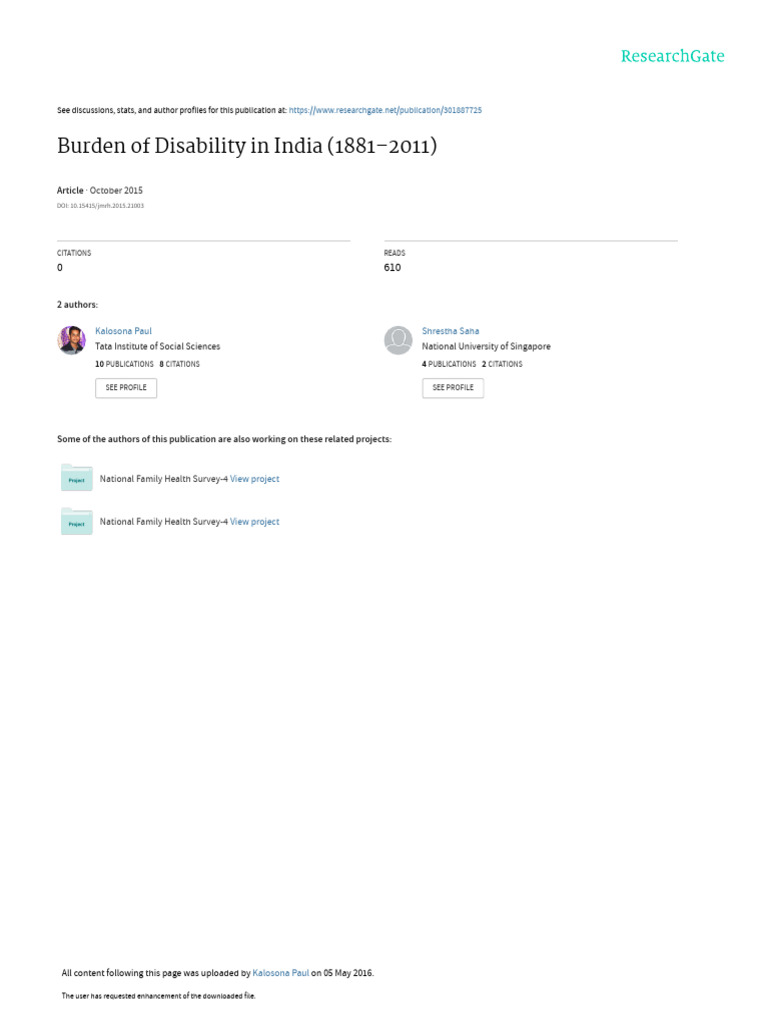 Burden of Disability in India 18812011 | PDF
