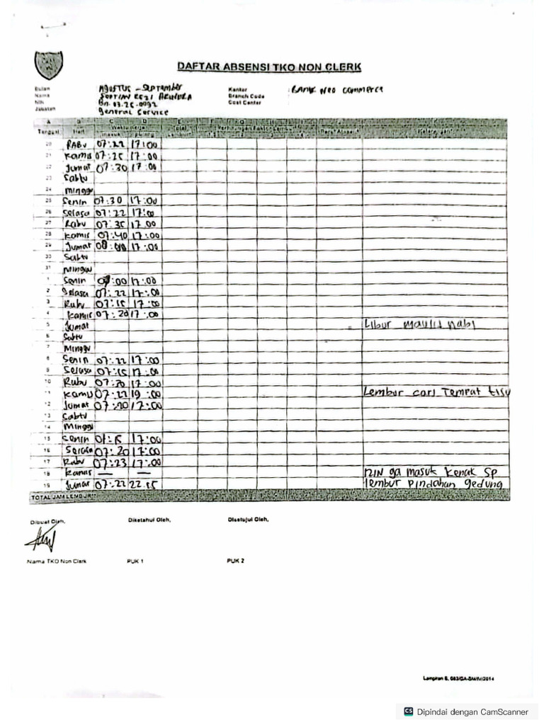 Form Absensi Manual DTPNEO Agustus-September - 30 | PDF