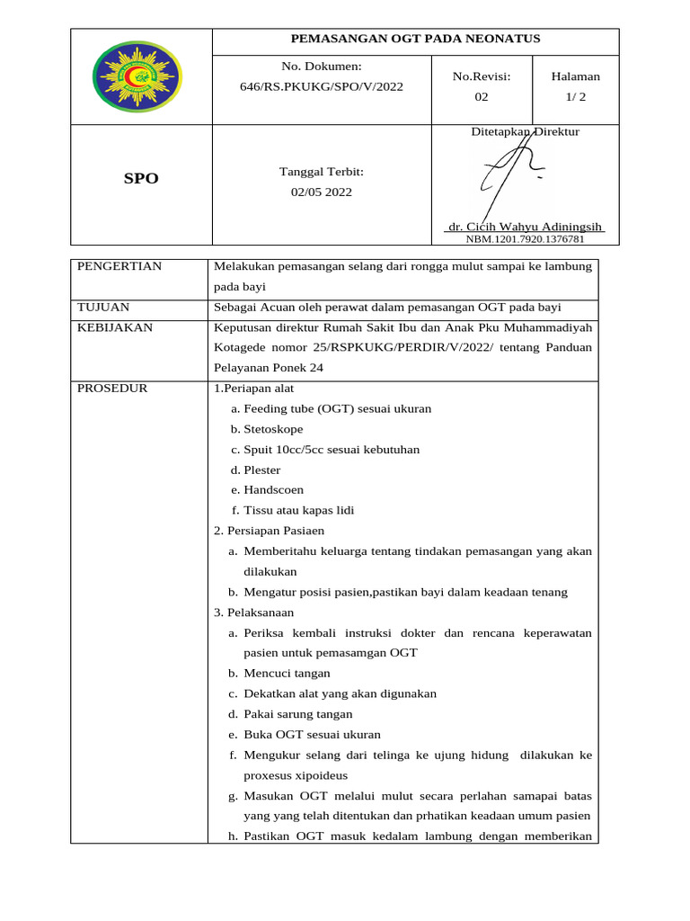 Panduan Pemasangan OGT Neonatus | PDF