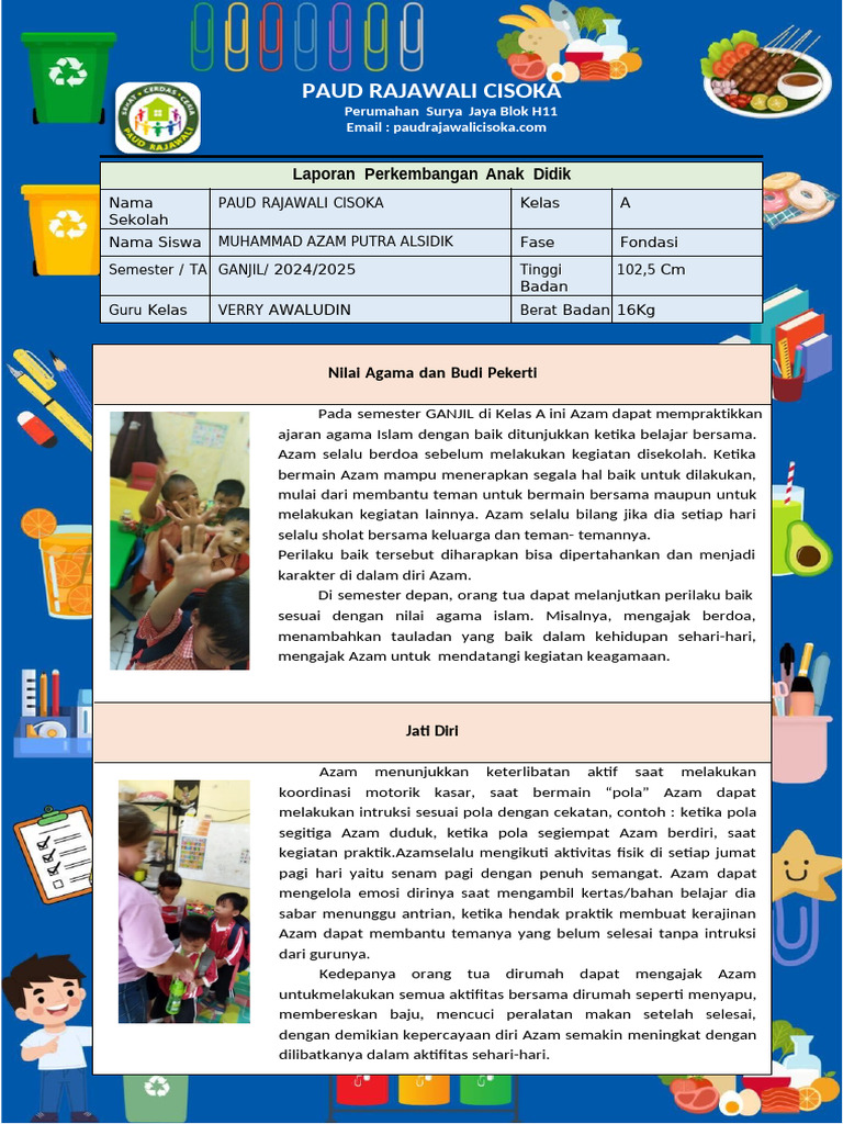 Contoh Raport Pendidikan Anak Usia Dini TK A | PDF