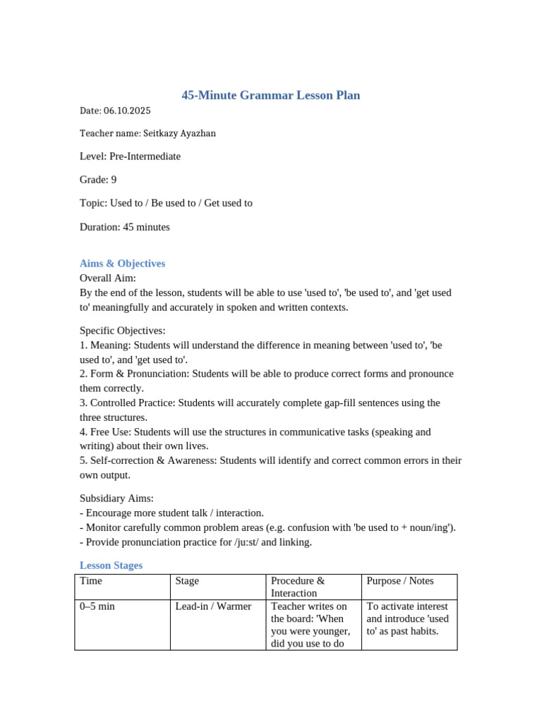 45-Minute Lesson on Used To Structures | PDF | Behavior Modification ...