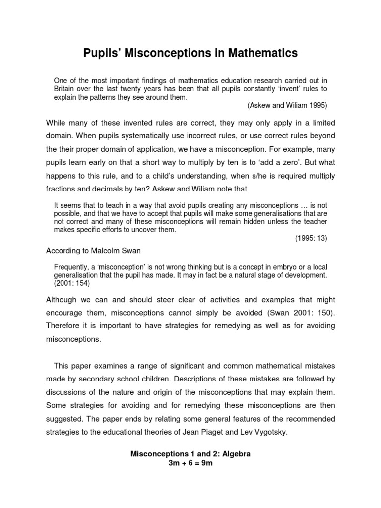 Pupils' Misconceptions in Mathematics: Misconceptions 1 and 2: Algebra ...