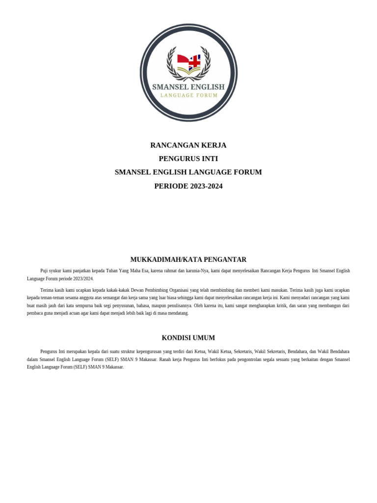 Rancangan Kerja Pengurus Inti Self Periode 2023-2024 | PDF