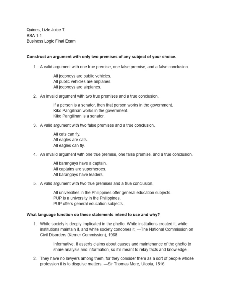 Quines, Lizle Joice T. - Final Exam in Business Logic | PDF | Argument ...