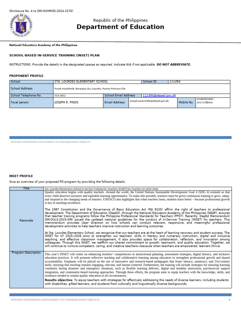 SLES 2025 Enclosure No. 4 School-Based INSET Plan | PDF | Learning ...