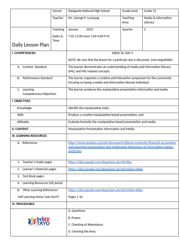 Grade 12 Media Literacy Lesson Plan | PDF | Computer Programming | Learning