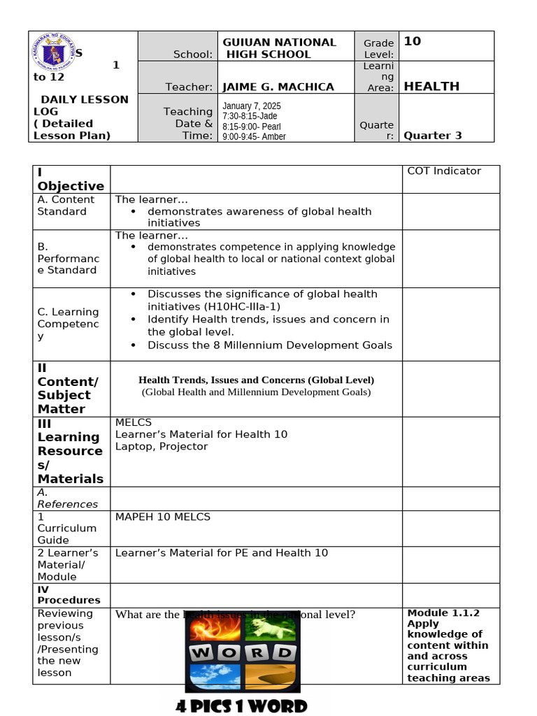 Grade 10 Health Daily Lesson Log | PDF | Learning | Lesson Plan