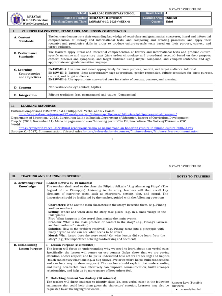 Week 4 English Lesson Plan for Grade 4 | PDF | Nonverbal Communication ...