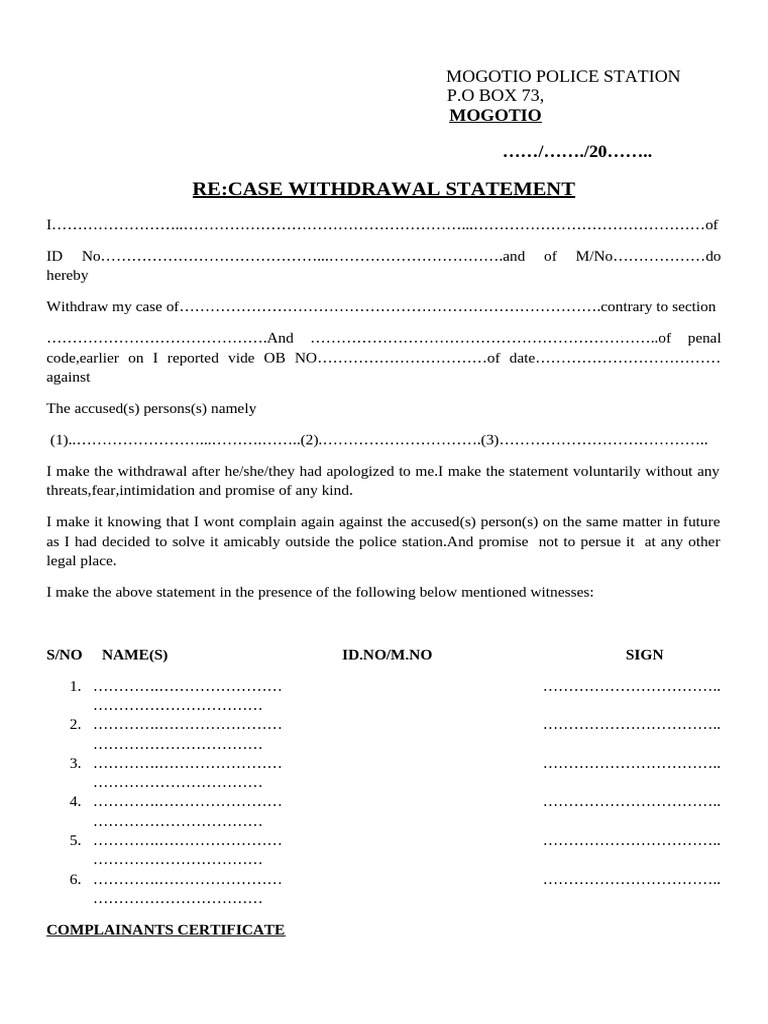Case Withdrawal Statement Template | PDF