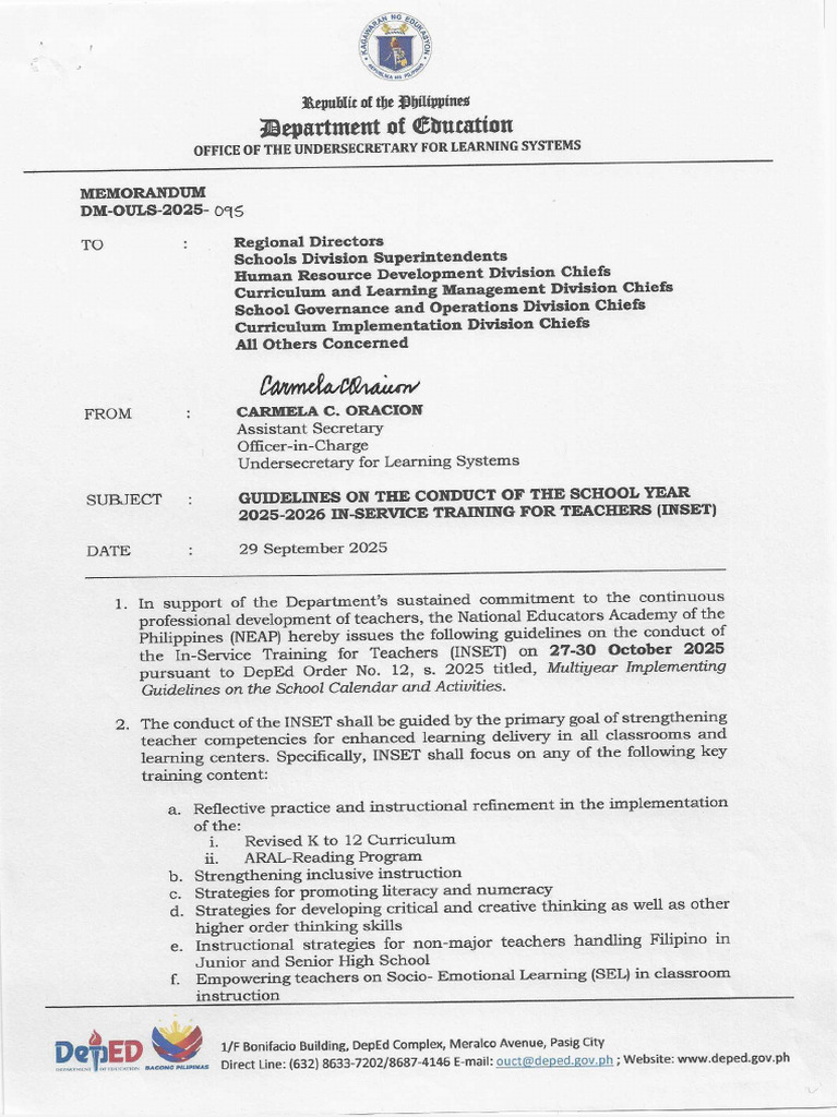 DM-OULS-2025-095 Guidelines On The Conduct of The SY 2025-2026 INSET For Teachers | PDF