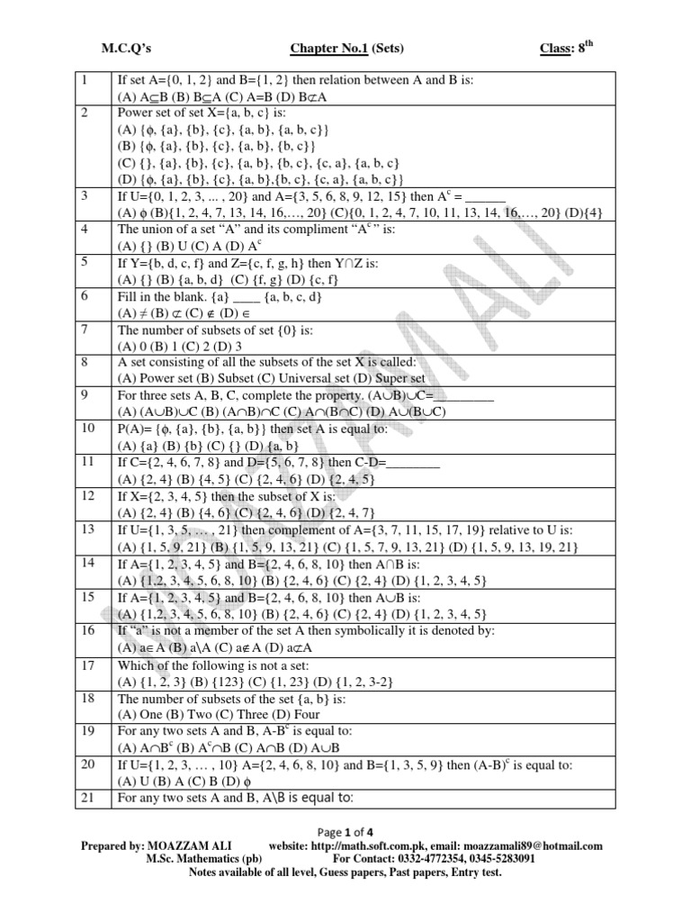M.C.Q'S Chapter No.1 (Sets) Class: 8 | PDF | Geometry | Mathematical Objects