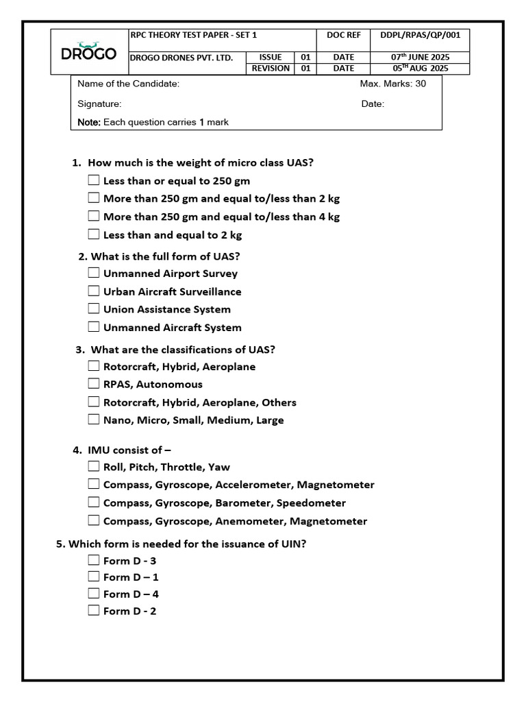 RPC Theory Test Paper - Set 1 | PDF | Unmanned Aerial Vehicle ...