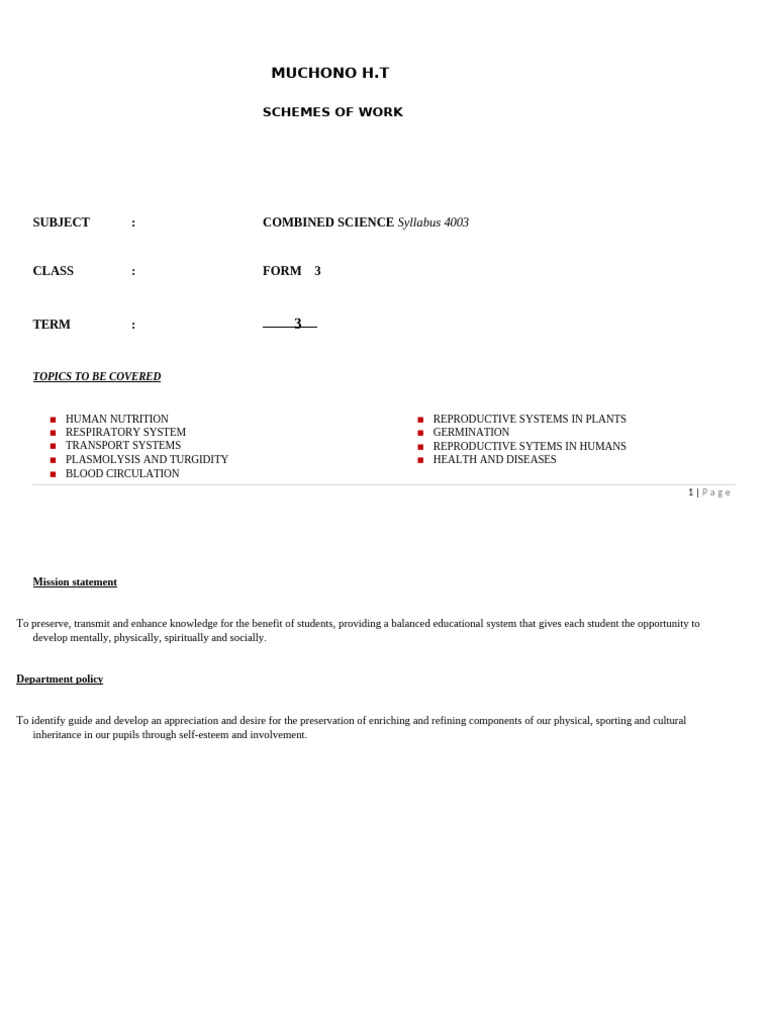 Schemes of Work Form 3 Combined Science | PDF | Digestion | Respiratory System