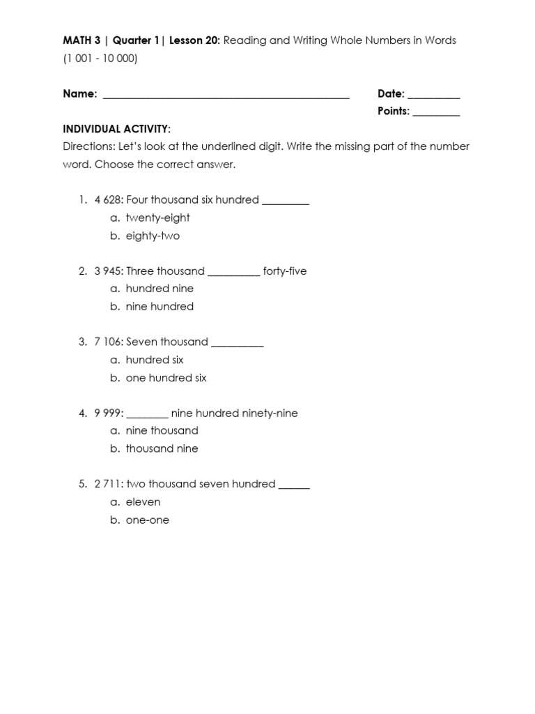 M3Q1L20 Worksheets and Answer Key Reading and Writing Whole Numbers in ...