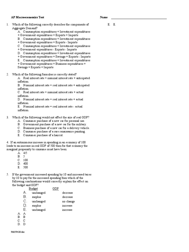 AP Macroeconomics Test Questions | PDF | Fiscal Policy | Money Supply