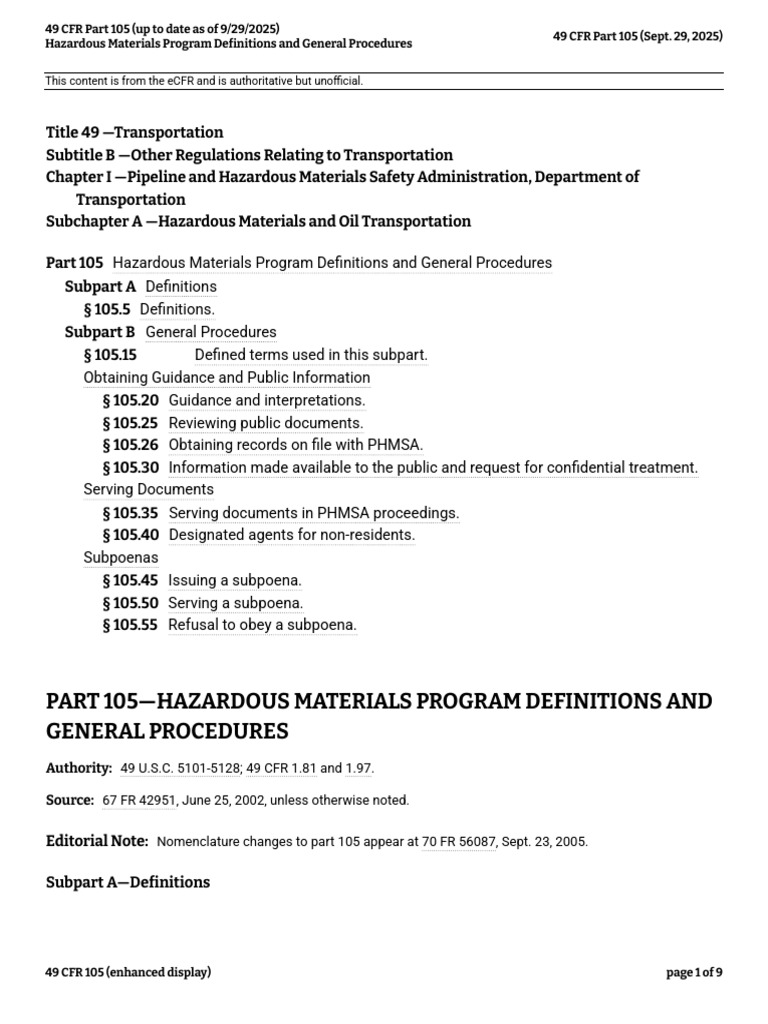 49 CFR Part 105 (Up To Date As of 9-29-2025) | PDF | Subpoena | Freedom ...