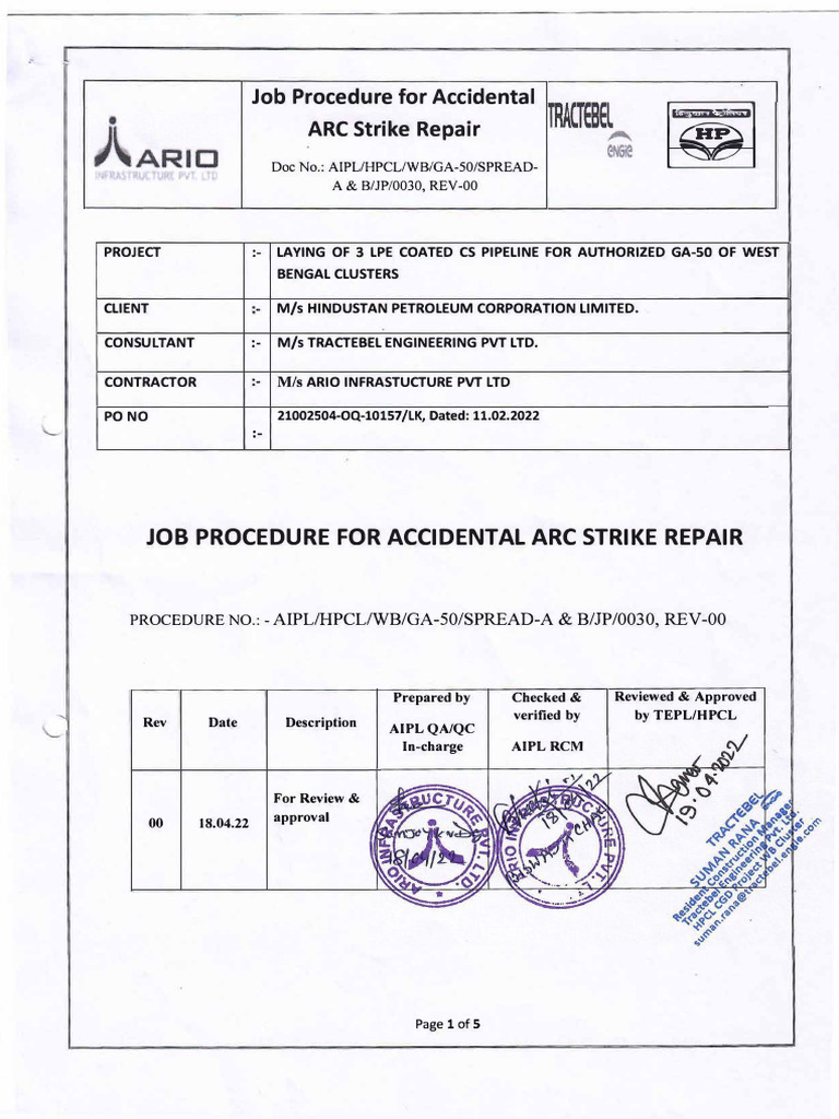 Arc Strike Repair Procedure for Pipeline | PDF | Welding | Construction