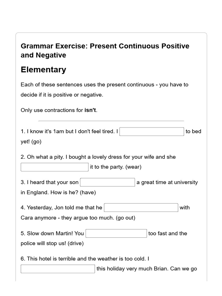 Grammar Exercise - Present Continuous Positive and Negative | PDF