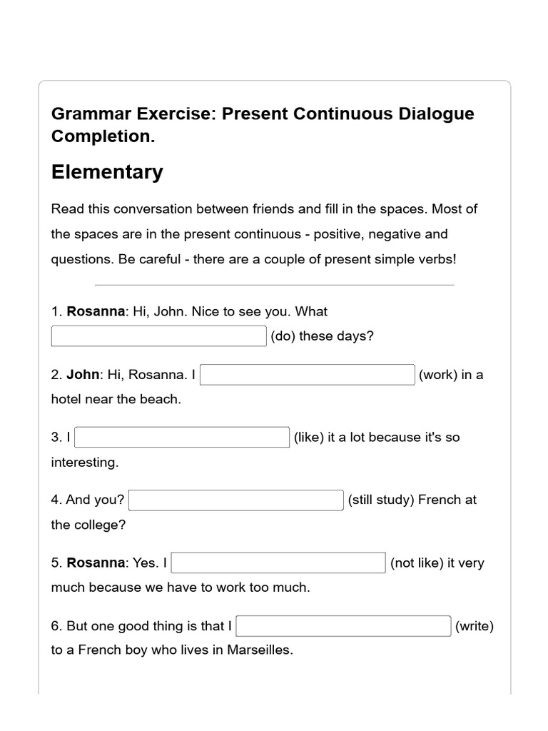 Grammar Exercise - Present Continuous Dialogue Completion | PDF