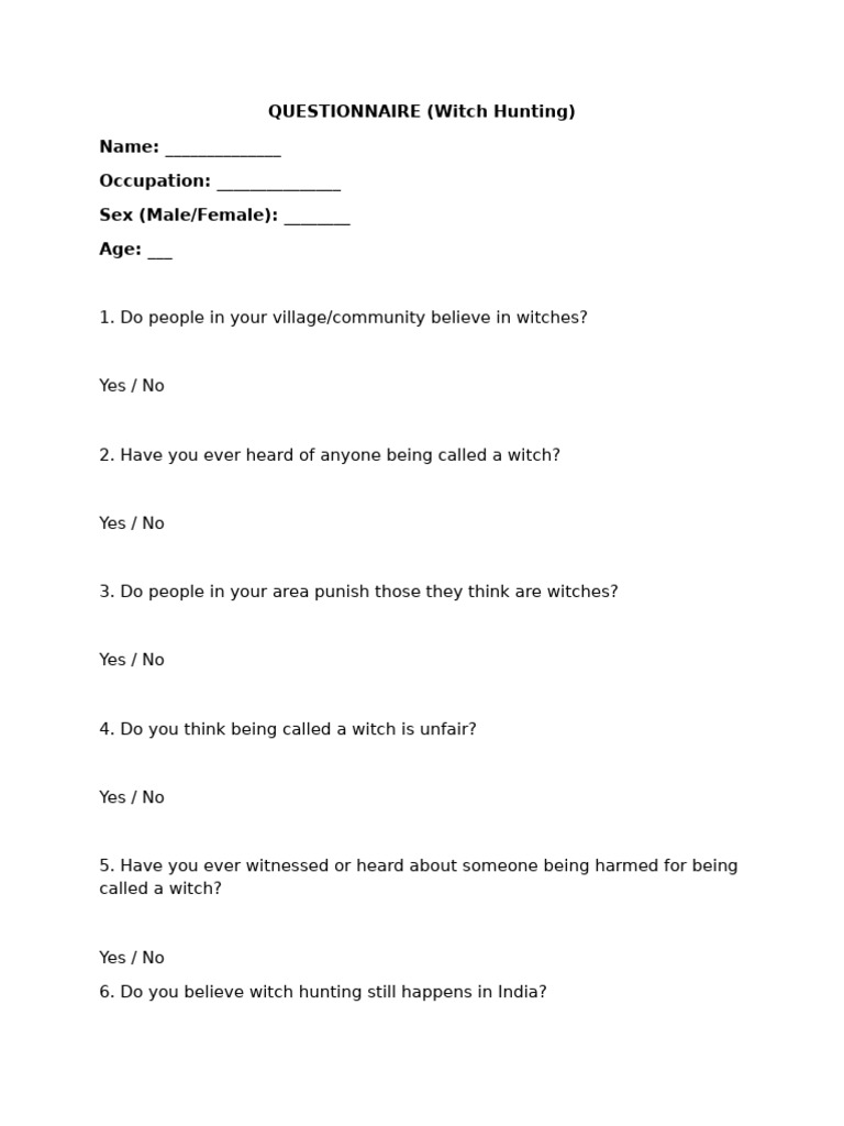 Witch Hunting Questionnaire | PDF