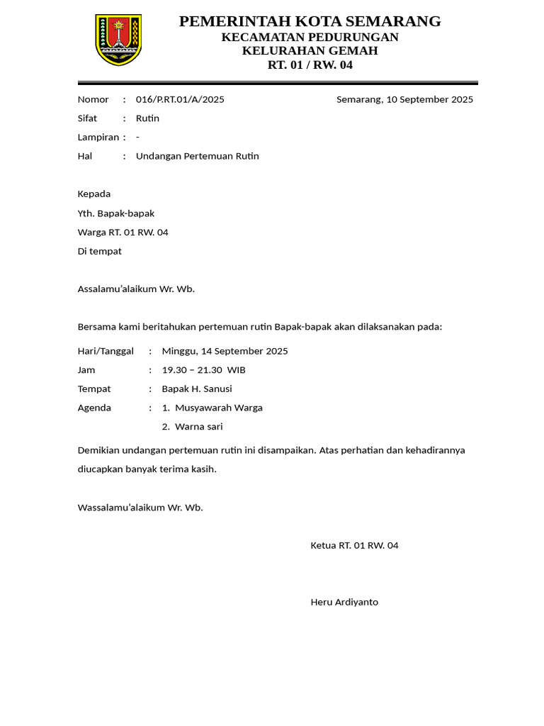 Undangan Pertemuan Rutin RT 01 RW 04 | PDF