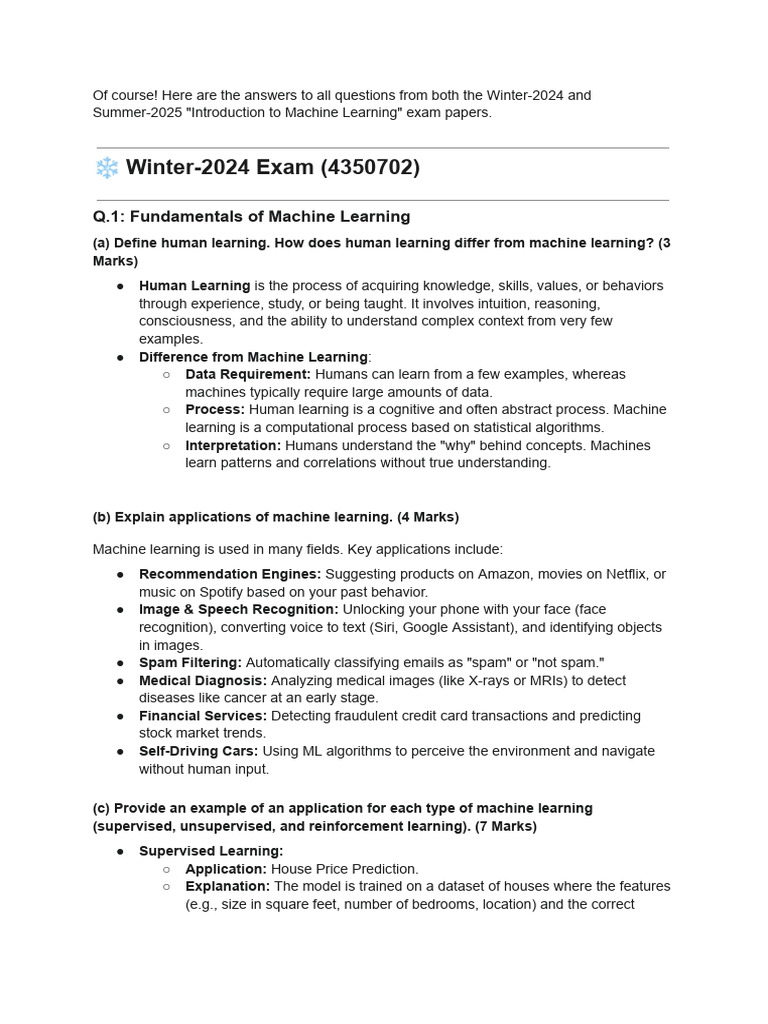 Machine Learning Exam Answers 2024-2025 | PDF | Support Vector Machine ...