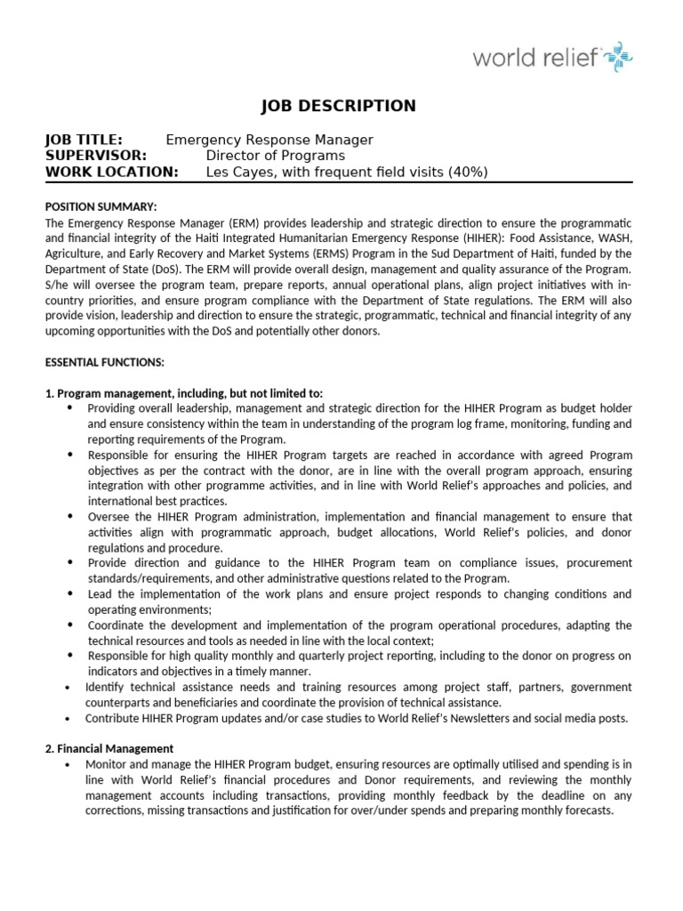 Emergency Response Manager Job Description | PDF | Evaluation ...