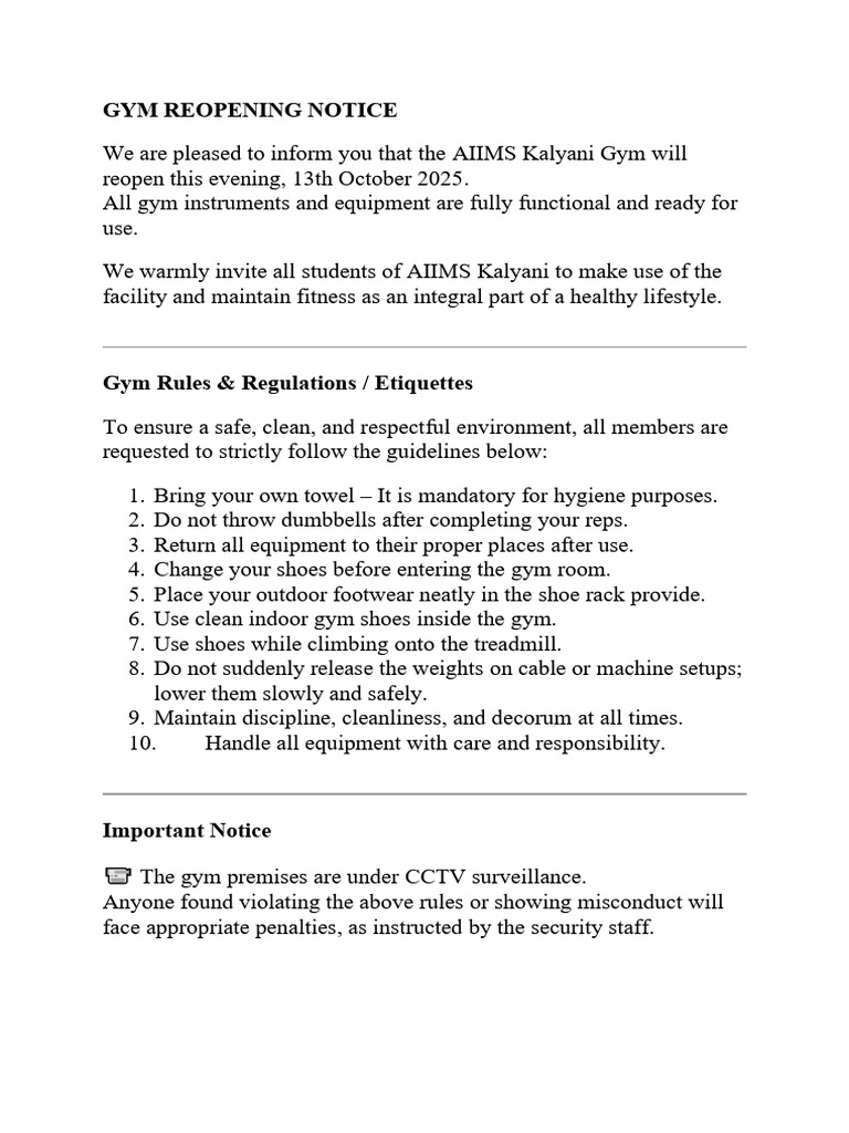 Gym Reopening Notice | PDF