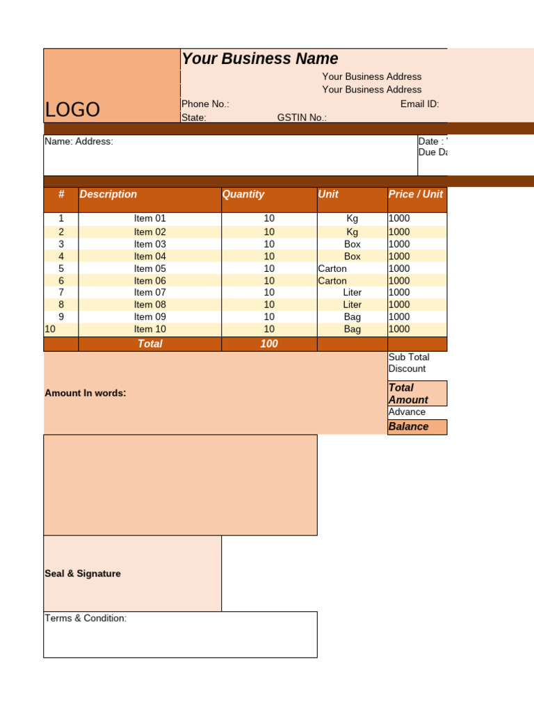 Your Business Name: # Description Quantity Unit Price / Unit | PDF