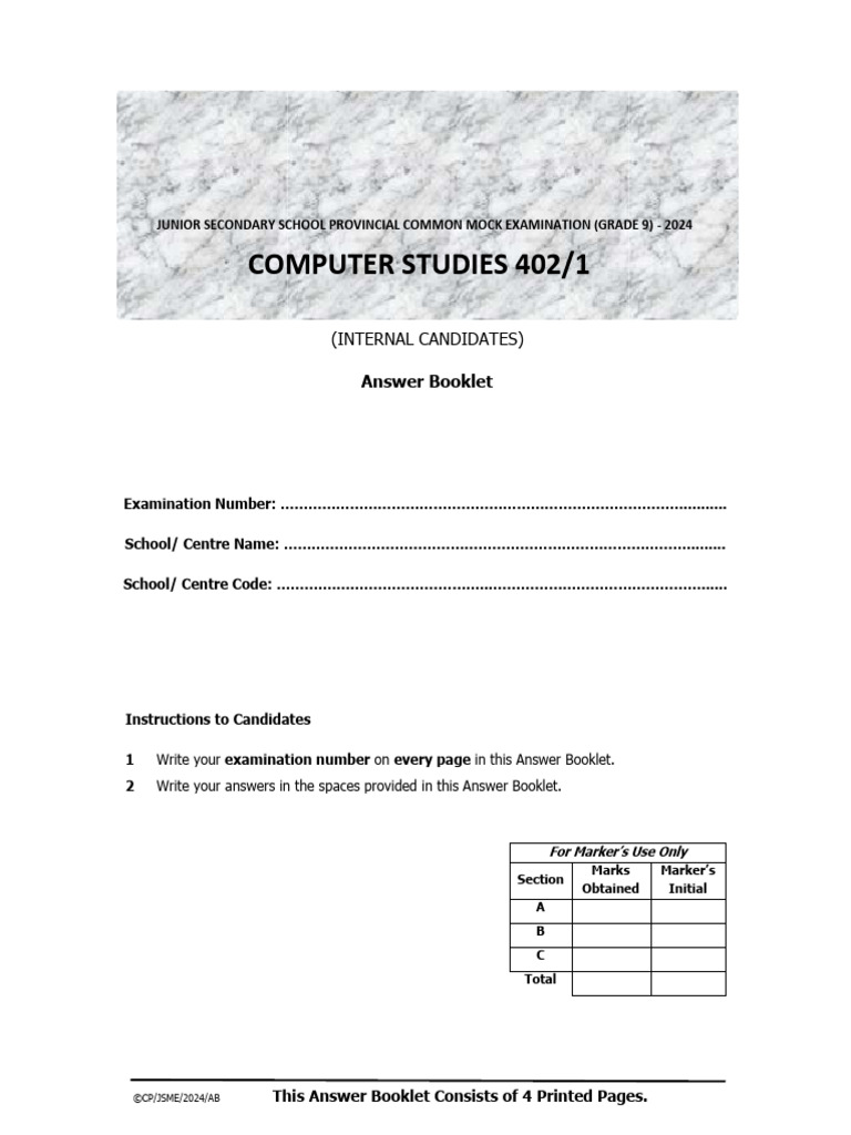 G9 Central Provincial Common Mock 2024 - Answer Booklet | PDF