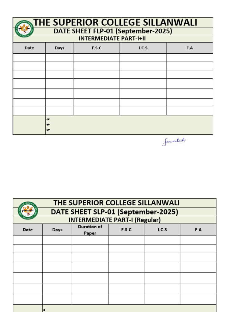 Date Sheet SLP + FLP Part I+II September 2025 | PDF