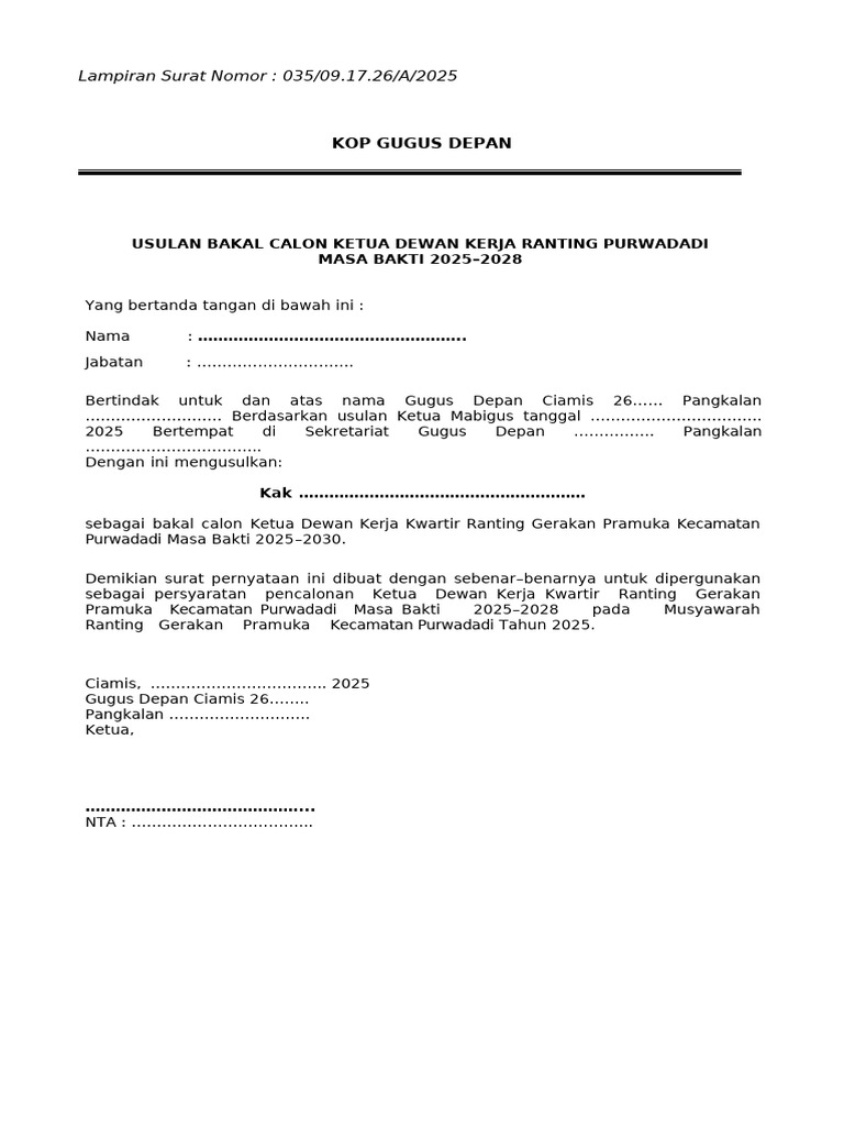 Form Usulan Calon Ketua Dewan Kerja Ranting Purwadadi | PDF