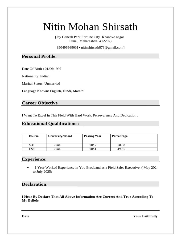 Nitin Mohan Shirsath: Personal Profile | PDF