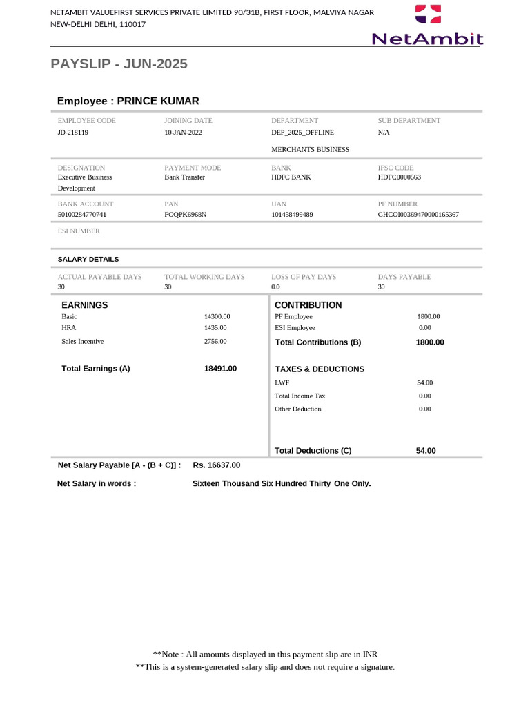 Netambit Salary Slip - June 2025 | PDF