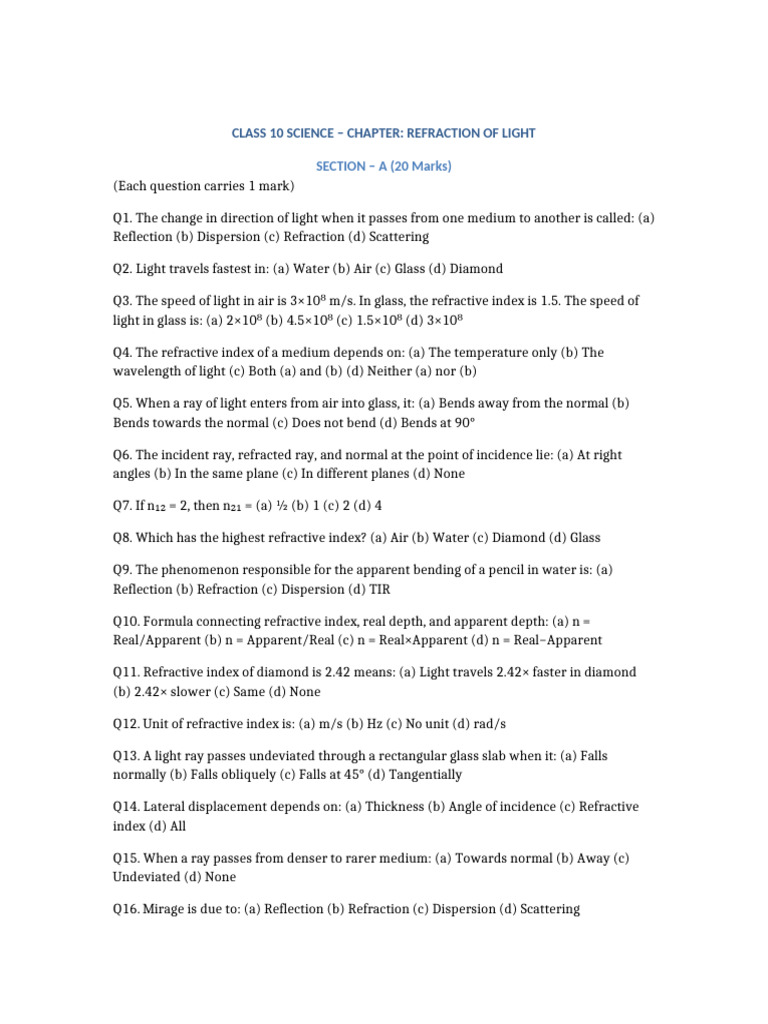 Class 10 Science Refraction Question Paper WORD 1 | PDF | Refraction ...