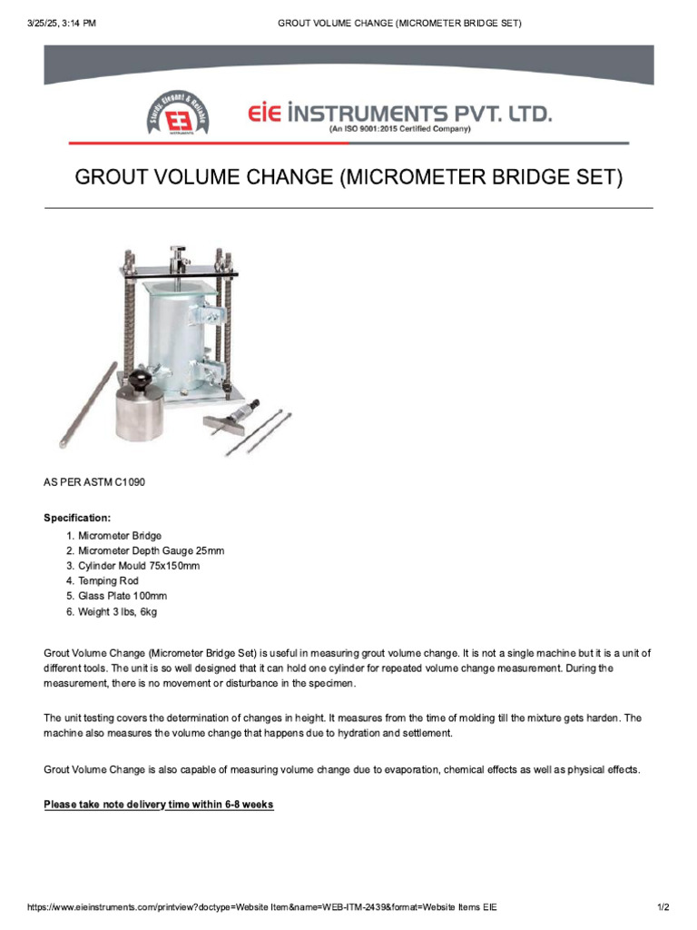 Vertical Expansion Meter For Grouting (Micrometer Bridge) - EIE India | PDF