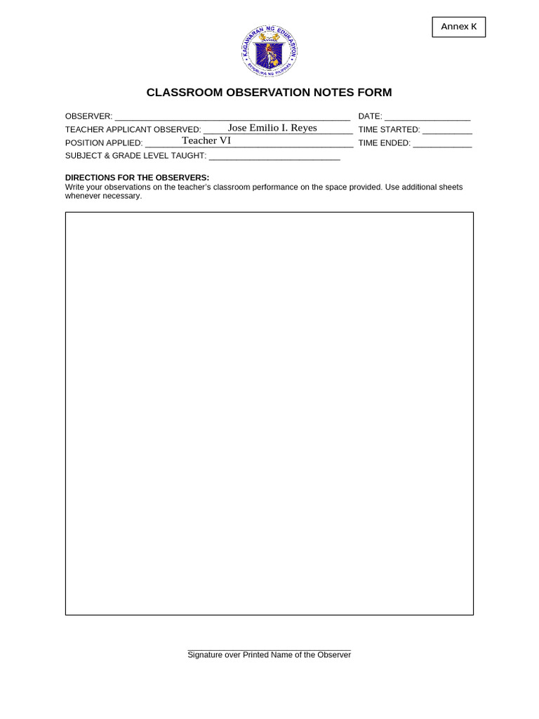 Annex K - COT Observation Notes Form | PDF
