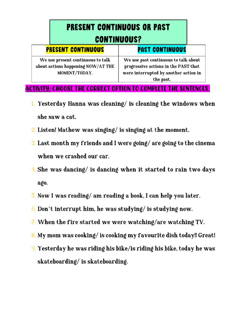 Worksheet 2 Present and Past Continuous Tenses f4 | PDF
