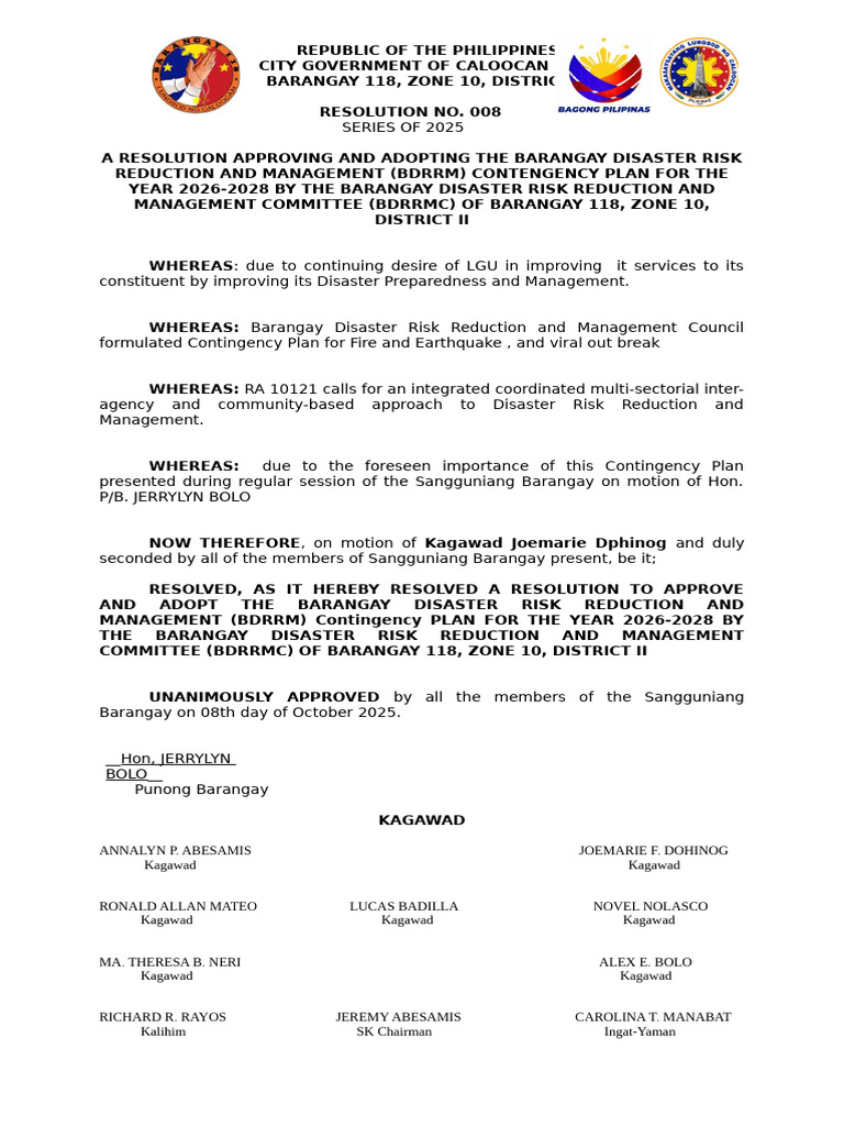 Caloocan Barangay Disaster Plan 2026-2028 | PDF