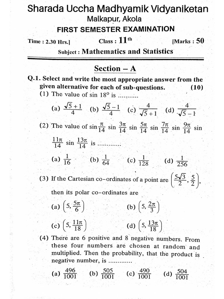 11th Maths First Term Paper | PDF