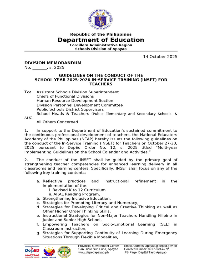 INSET Guidelines for 2025-2026 School Year | PDF | Teachers | Learning