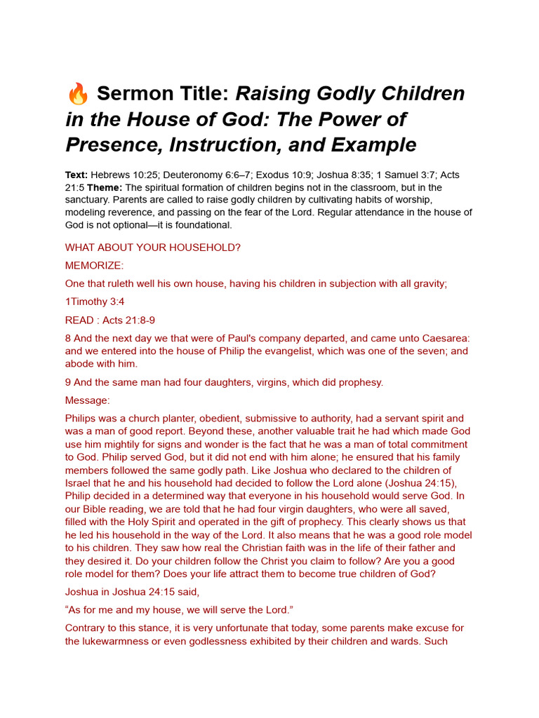 ? Sermon Title - Raising Godly Children in The House of God - The Power ...