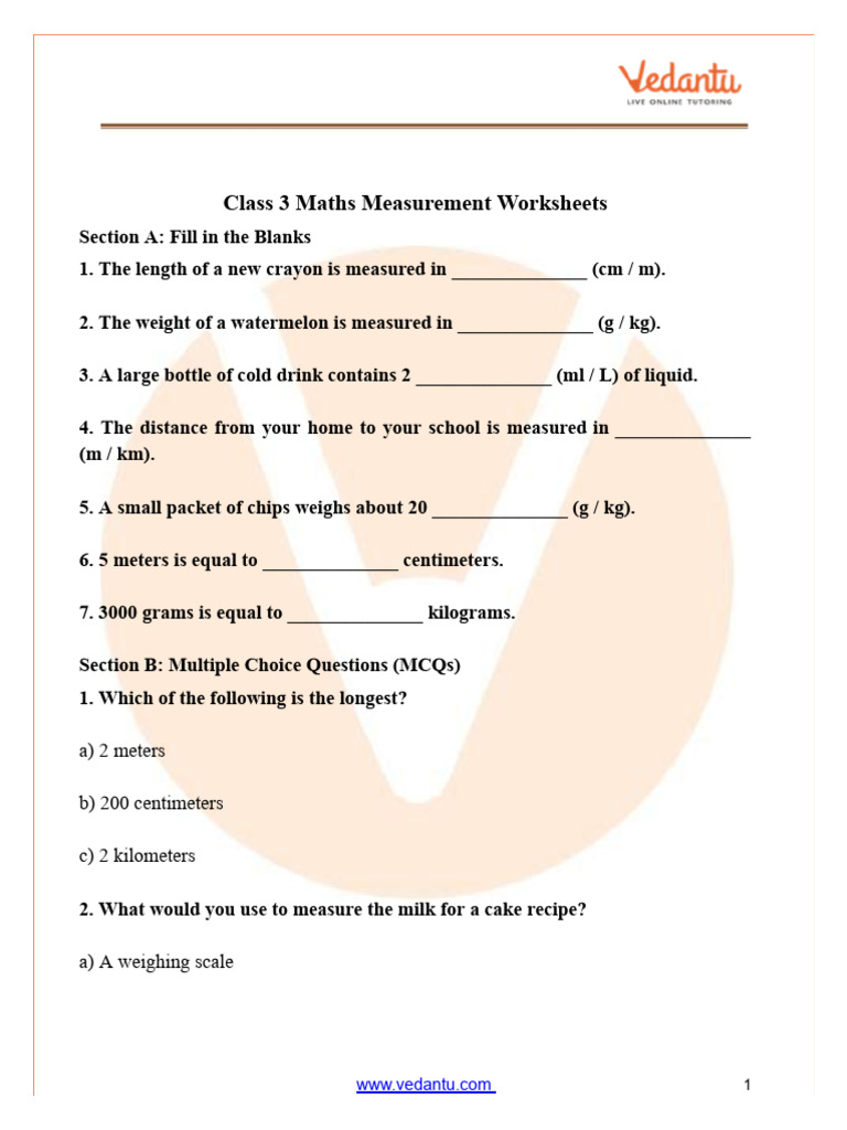 Class 3 Measurement Worksheet PDF | PDF | Litre | Kilogram
