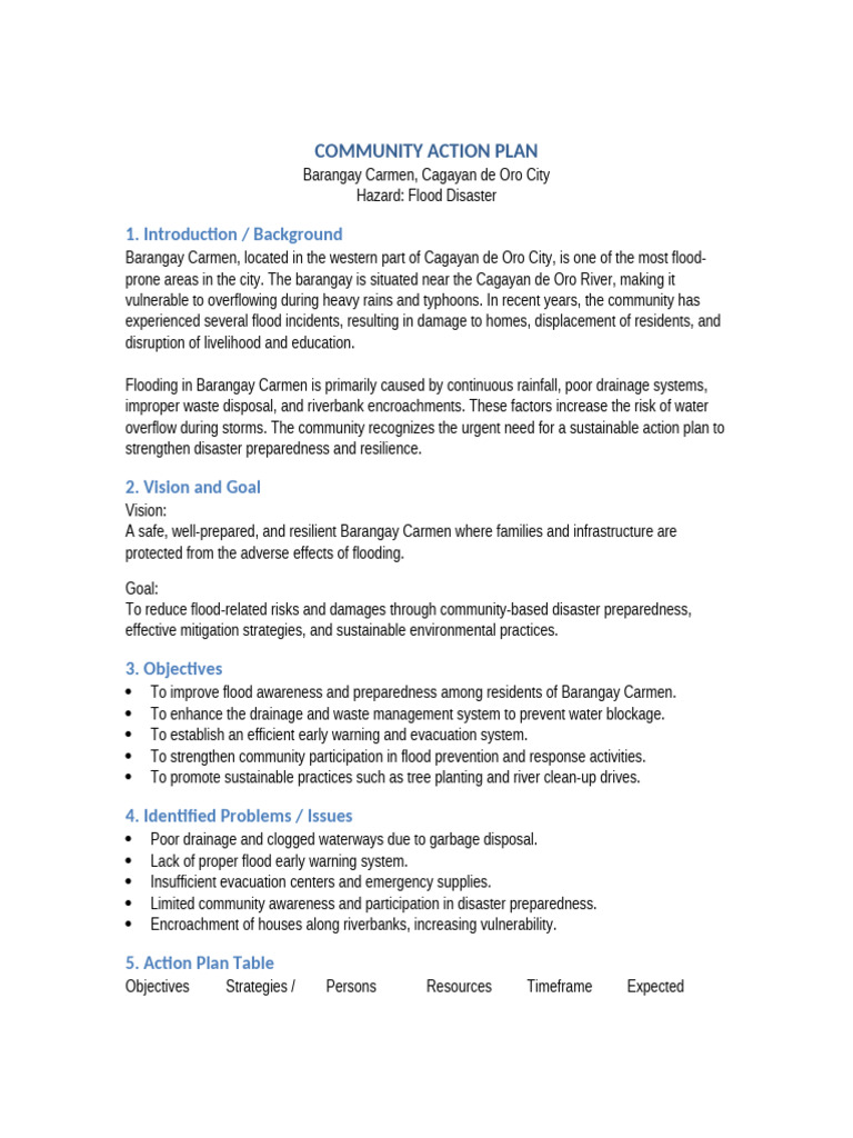 Flood Resilience Action Plan for Barangay Carmen | PDF | Natural ...