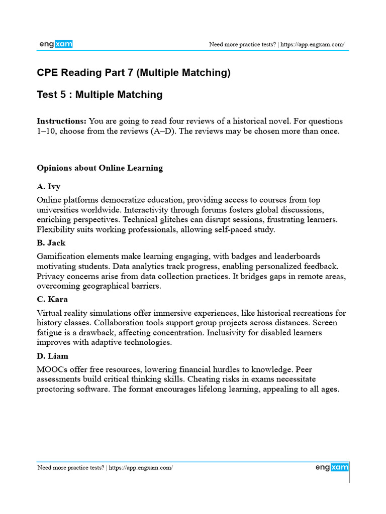 Part 7 Multiple Matching Test 5 CPE | PDF | Massive Open Online Course ...