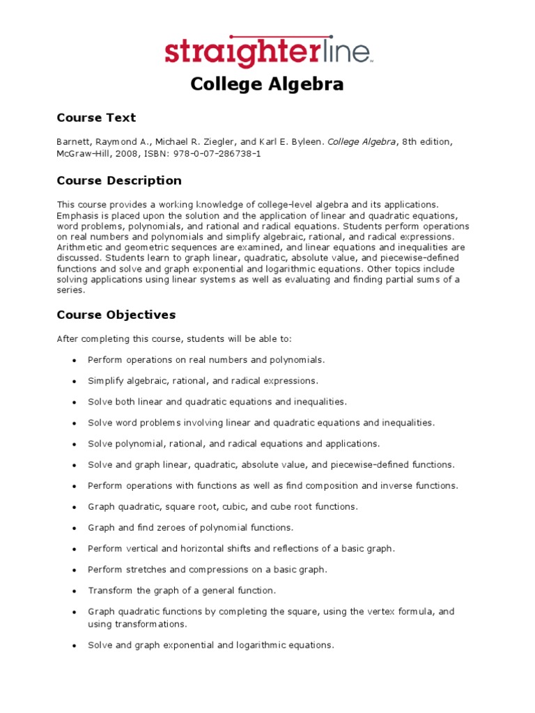 College Algebra Syllabus | PDF | Quadratic Equation | Equations
