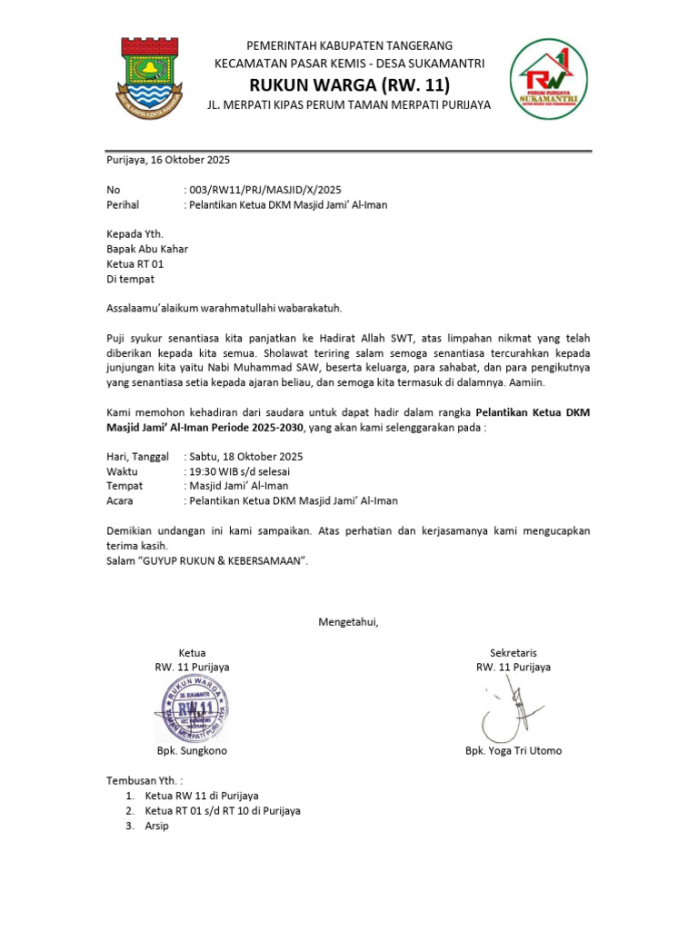 Contoh Undangan Pelantikan Ketua DKM RW 11 | PDF