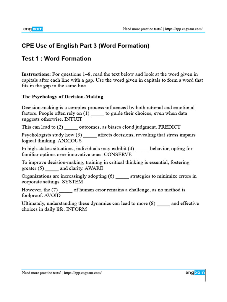 CPE Word Formation Practice Test | PDF | Decision Making | Psychology